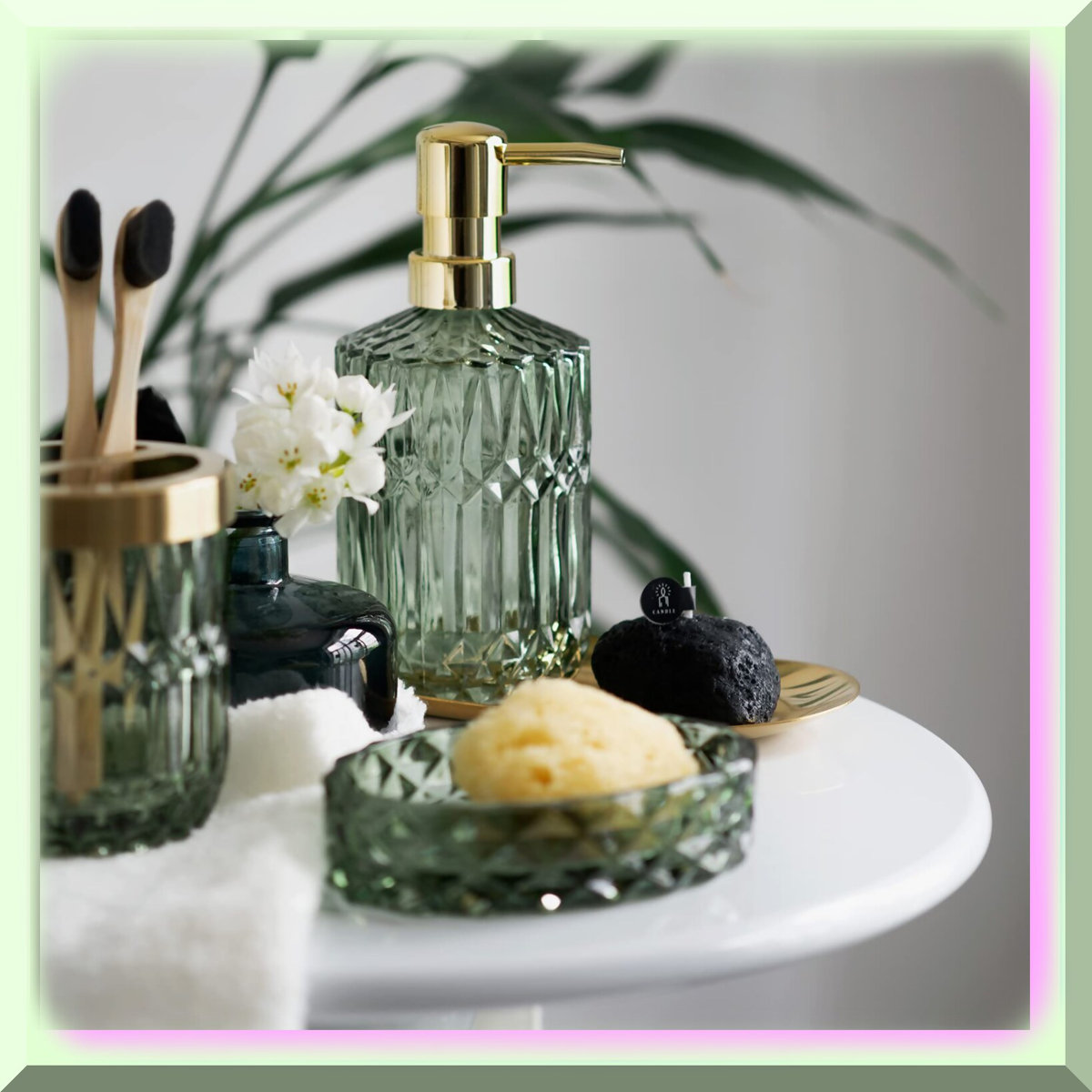 Everly Quinn Crystal Clear Green Bathroom Essentials Set - Includes Lotion Dispenser, Soap Dish ...